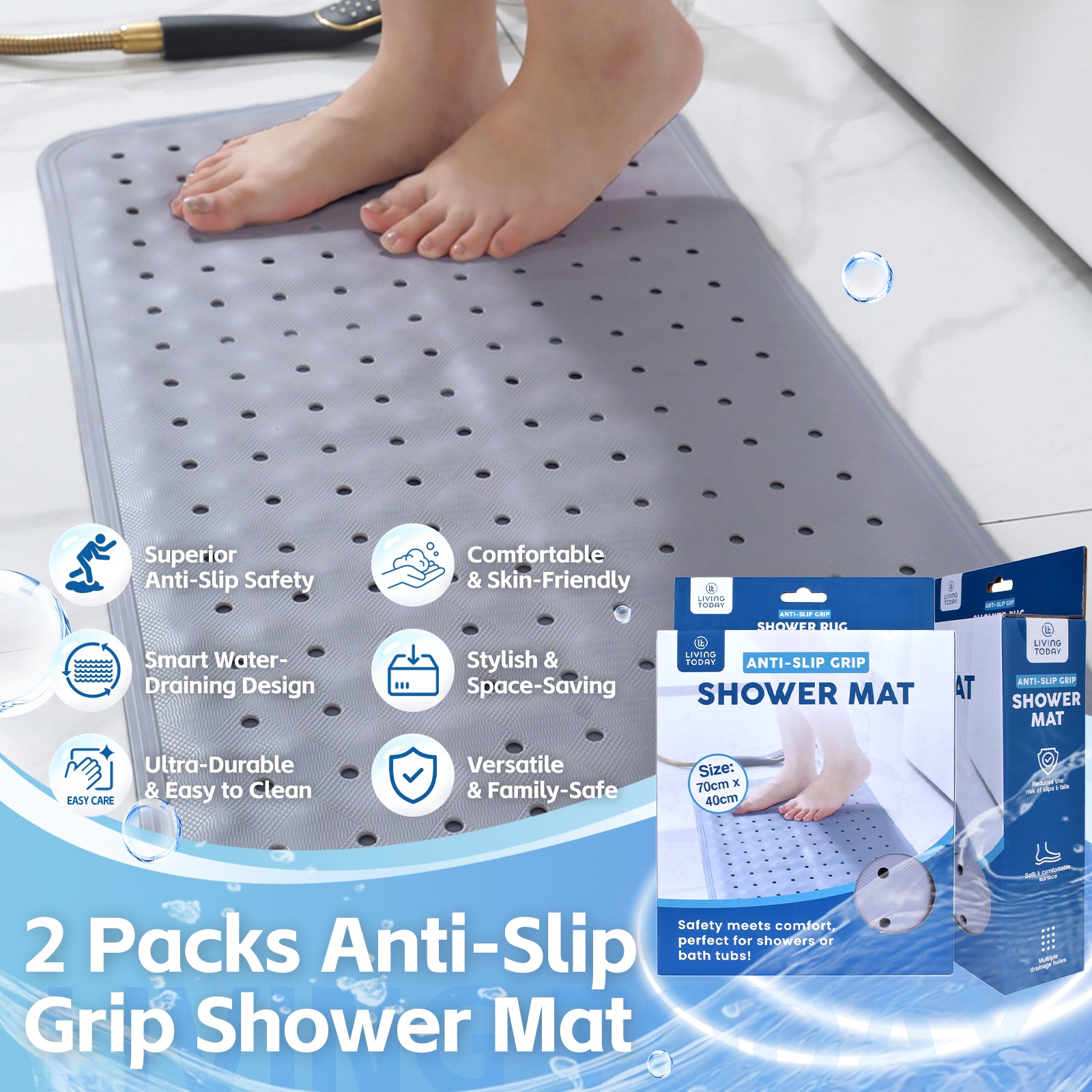 2 Pcs 70×40 cm Anti‑Slip Grip Shower Mat Quick‑Dry Bath Mat with 100 ...