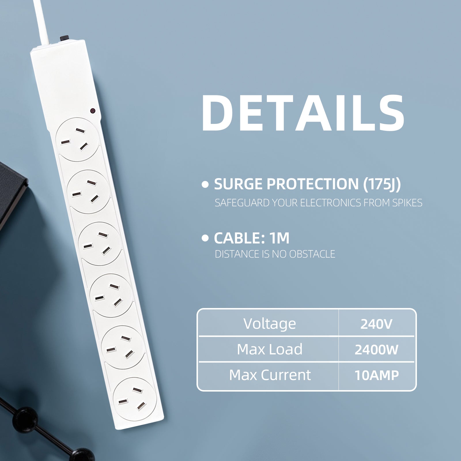 6 Outlet Power Board With Surge Protection 1M Lead Cable – Online Homewares